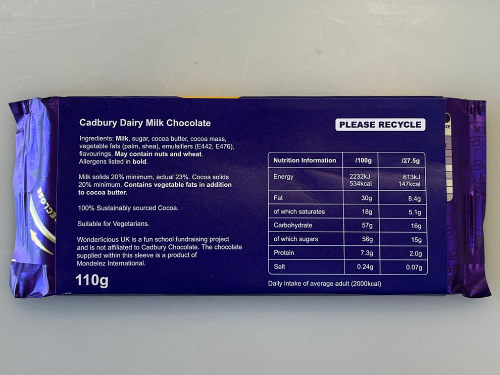 Cadbury's Dairy Milk Bar 110g Wrapper – Wonderlicious